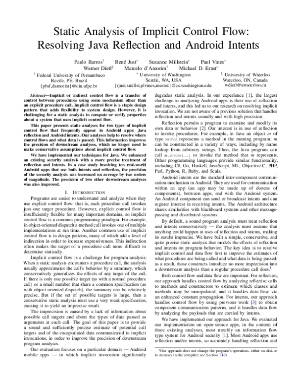 (PDF) Static Analysis of Implicit Control Flow: Resolving Java Reflection and Android Intents (T)