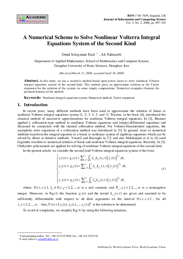 (PDF) A Numerical Scheme to Solve Nonlinear Volterra Integral Equations System of the Second Kind