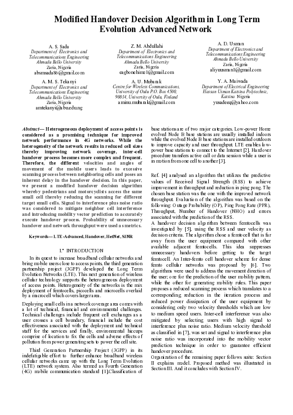 (PDF) Modified Handover Decision Algorithm in Long Term Evolution ...