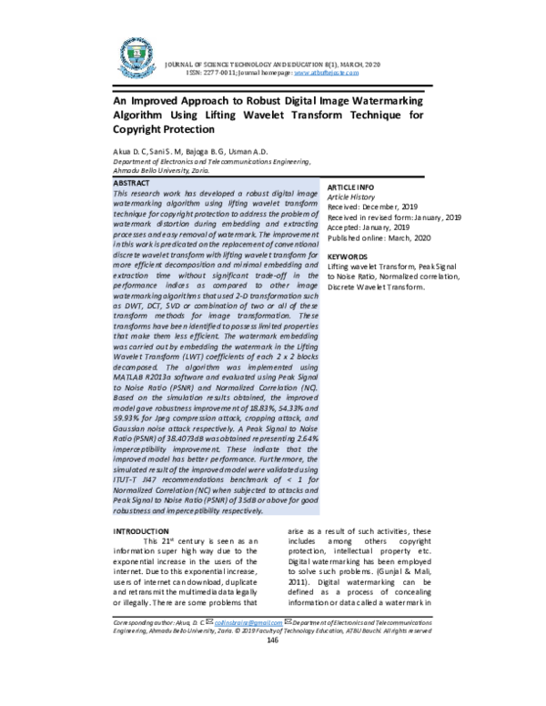 (PDF) An Improved Approach to Robust Digital Image Watermarking Algorithm Using Lifting Wavelet ...