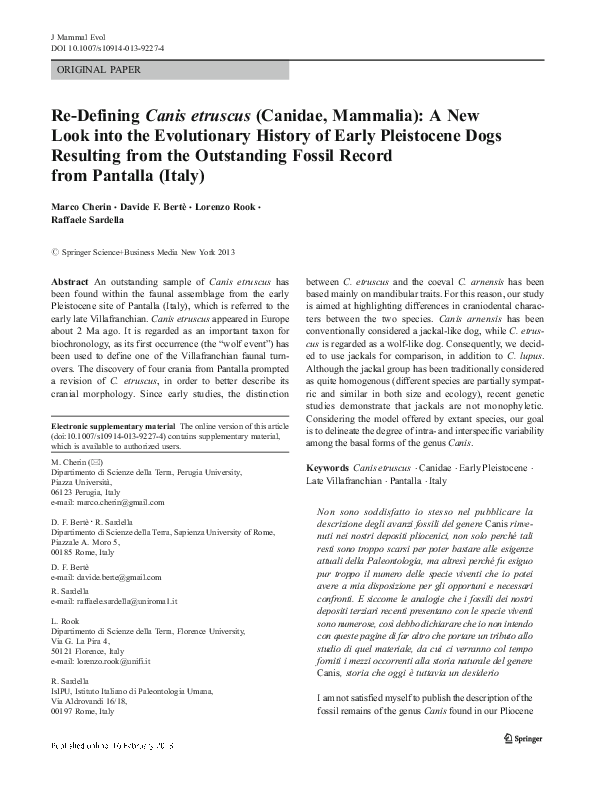 (PDF) Re-Defining Canis etruscus (Canidae, Mammalia): A New Look into ...