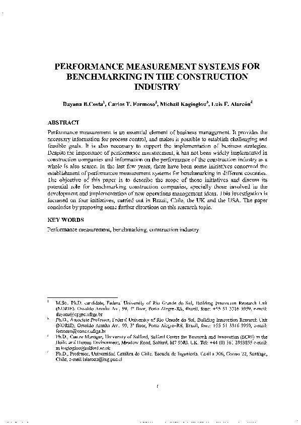(PDF) Performance measurement systems for benchmarking in the construction industry