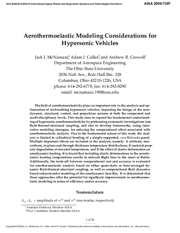 Pdf Aerothermoelastic Modeling Considerations For Hypersonic Vehicles