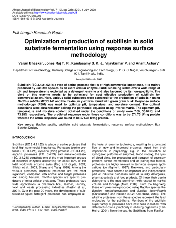 (PDF) Optimization of production of subtilisin in solid substrate fermentation using response ...