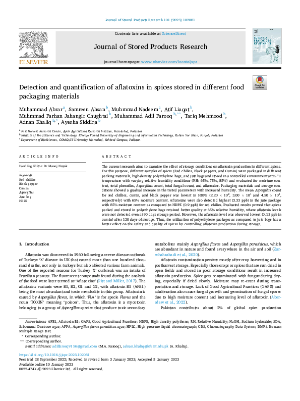 (PDF) Detection and quantification of aflatoxins in spices stored in different food packaging ...