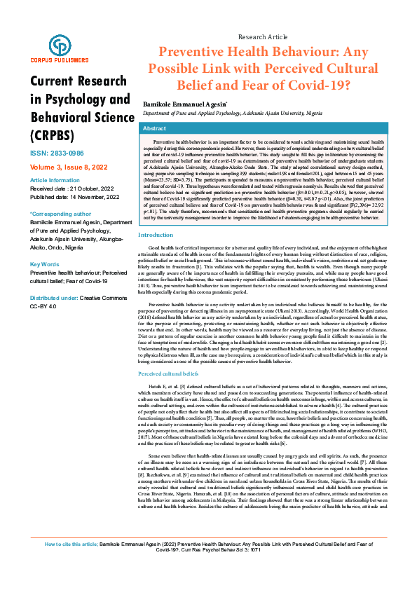 (PDF) Preventive Health Behaviour: Any Possible Link with Perceived ...