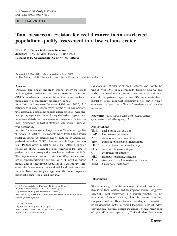(PDF) Total mesorectal excision for rectal cancer in an unselected population: quality ...