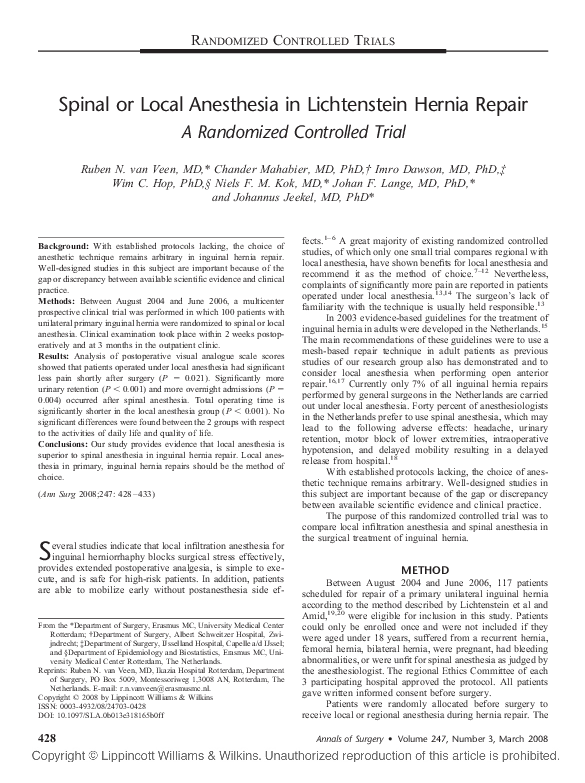 (PDF) Spinal or Local Anesthesia in Lichtenstein Hernia Repair