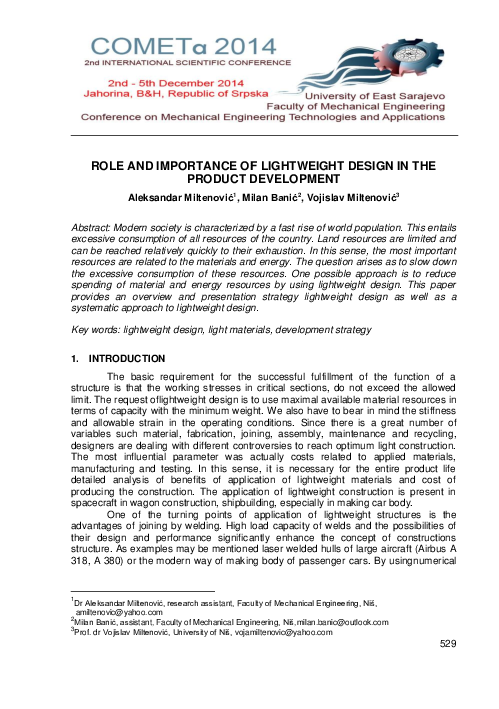 (PDF) Role and Importance of Lightweight Design in the Product Development