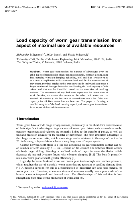 (PDF) Load capacity of worm gear transmission from aspect of maximal ...