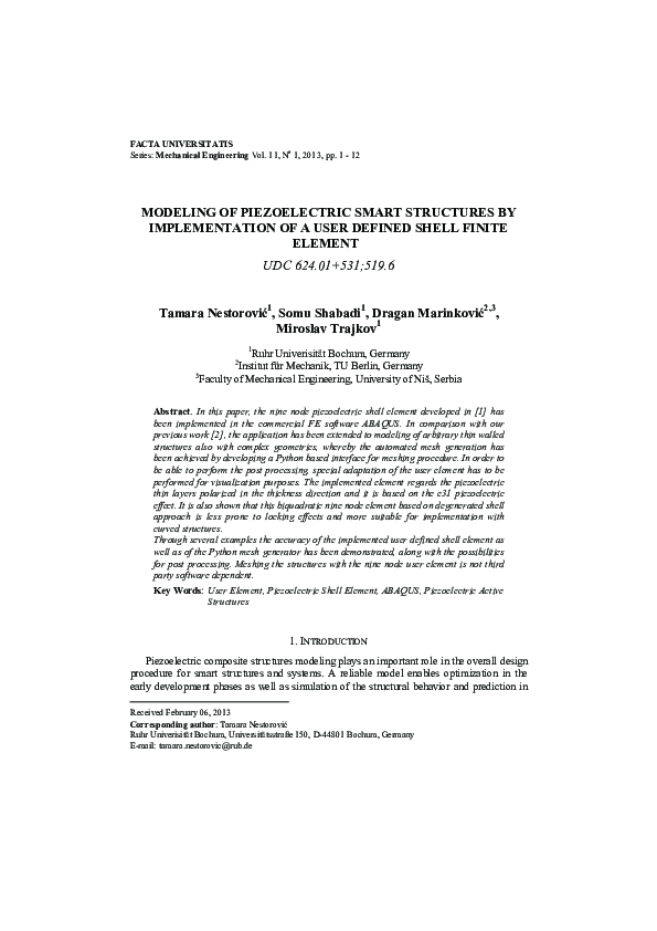 Pdf Modeling Of Piezoelectric Smart Structures By Implementation Of A User Defined Shell