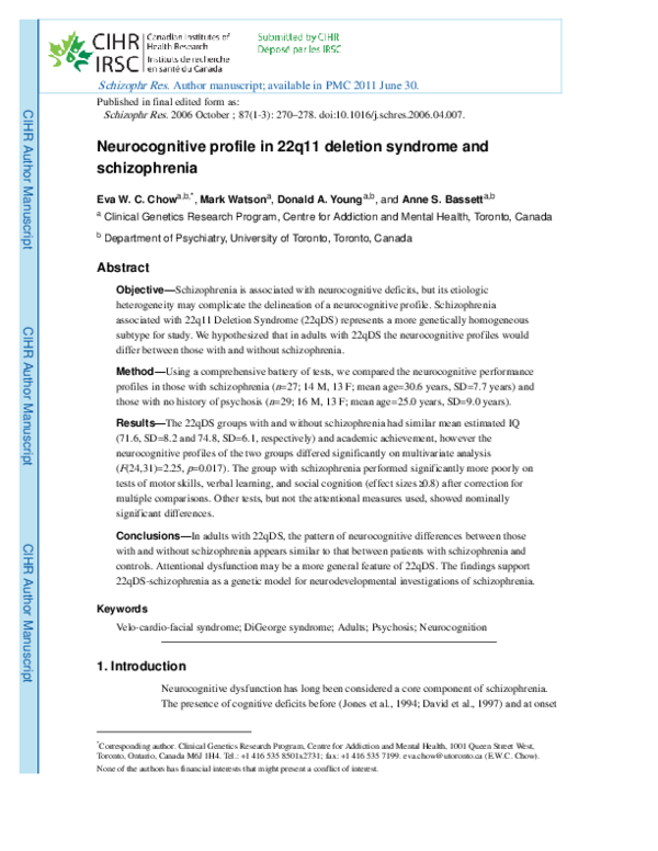 (PDF) Neurocognitive profile in 22q11 deletion syndrome and schizophrenia