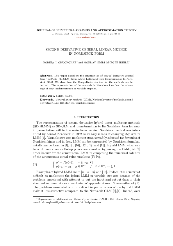 (PDF) Second derivative General Linear Method in Nordsieck form | Robert Okuonghae - Academia.edu