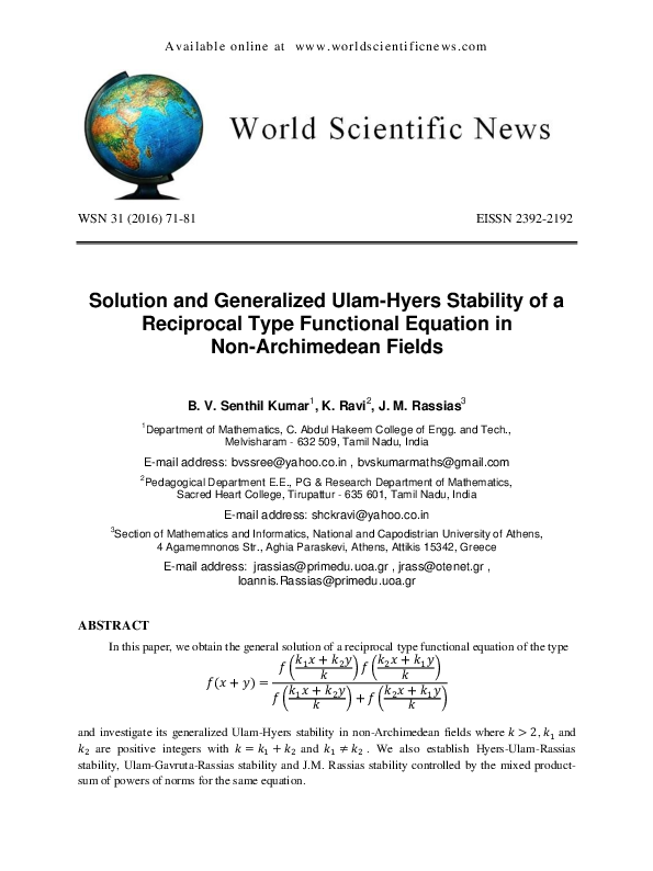 (PDF) Solution and Generalized Ulam-Hyers Stability of a Reciprocal Type Functional Equation in ...