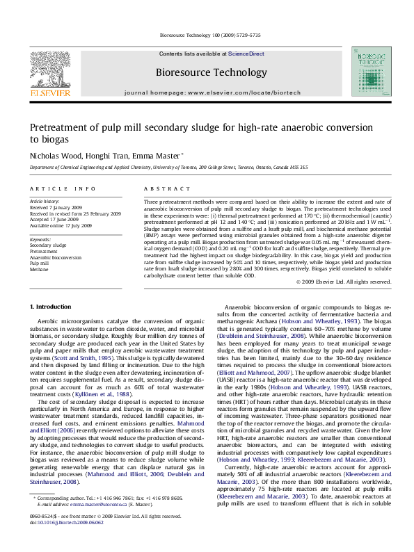 (PDF) Pretreatment of pulp mill secondary sludge for high-rate ...