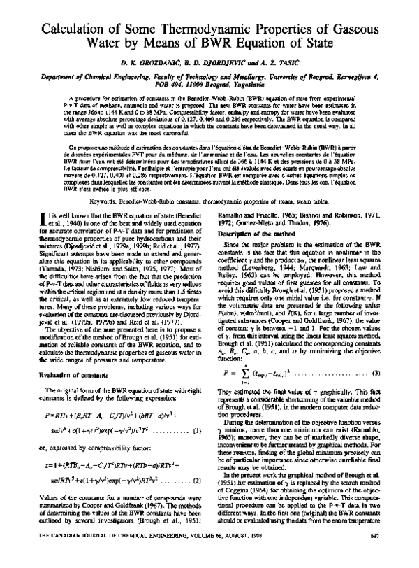 (PDF) Calculation of some thermodynamic properties of gaseous water by ...