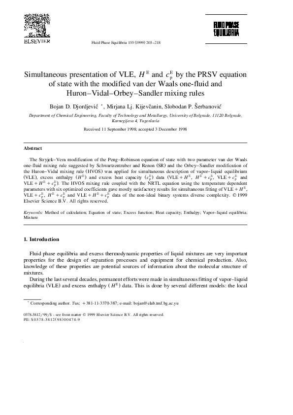 (PDF) Simultaneous presentation of VLE, HE and cpE by the PRSV equation of state with the ...