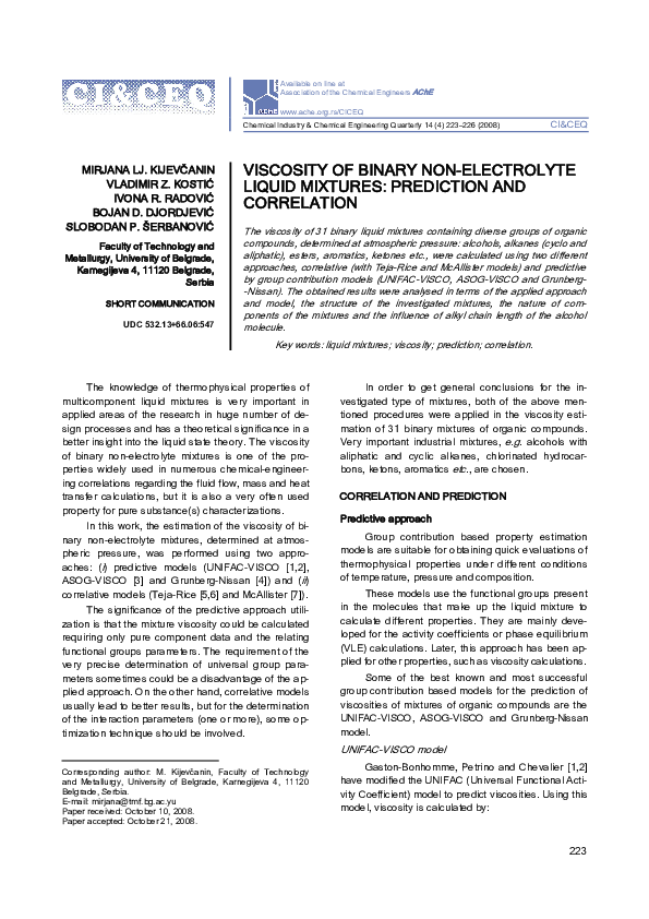 (PDF) Viscosity of binary non-electrolyte liquid mixtures: Prediction and correlation
