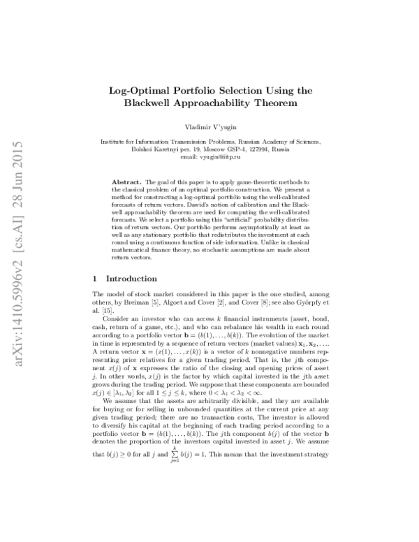 (PDF) Log-Optimal Portfolio Selection Using the Blackwell Approachability Theorem