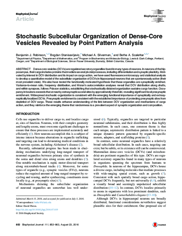 (PDF) Stochastic Subcellular Organization of Dense-Core Vesicles Revealed by Point Pattern Analysis