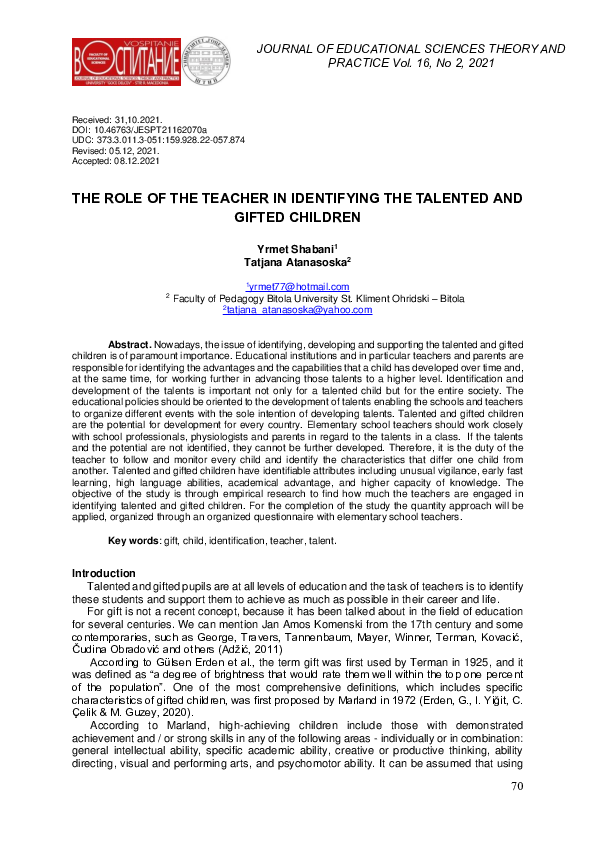 (PDF) The Role of the Teacher in Idenfiying the Talented and Gifted ...