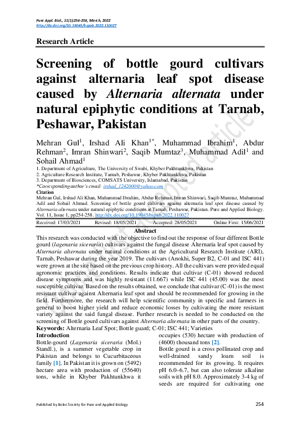 (PDF) Screening of bottle gourd cultivars against alternaria leaf spot ...