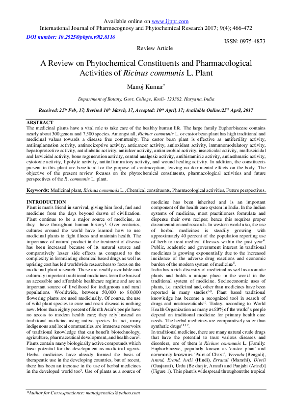 (PDF) A Review on Phytochemical Constituents and Pharmacological Activities of Ricinus communis ...