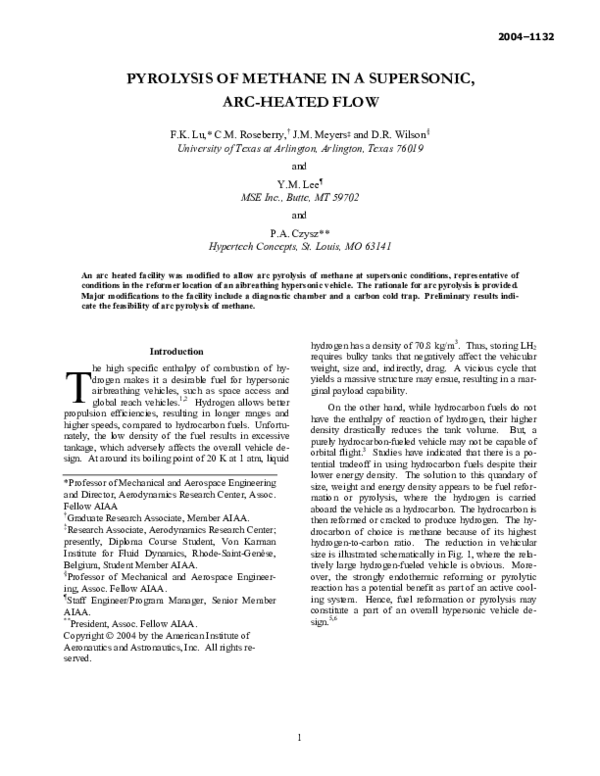 (PDF) Pyrolysis of Methane in a Supersonic, Arc-Heated Flow