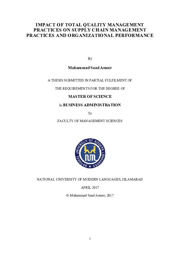 (DOC) Impact of total quality management practices on supply chain management and firm performance