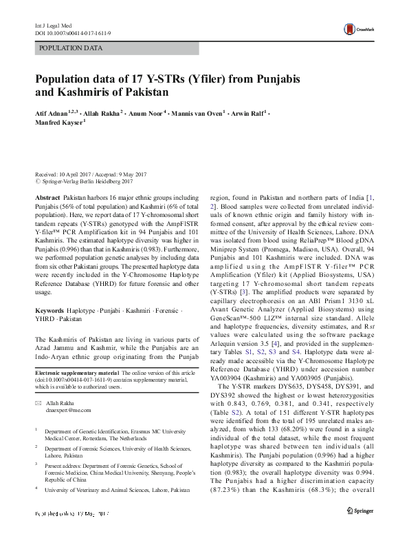 (PDF) Population data of 17 Y-STRs (Yfiler) from Punjabis and Kashmiris of Pakistan | Allah ...