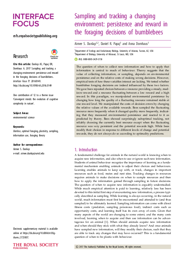 (PDF) Sampling and tracking a changing environment: persistence and reward in the foraging ...