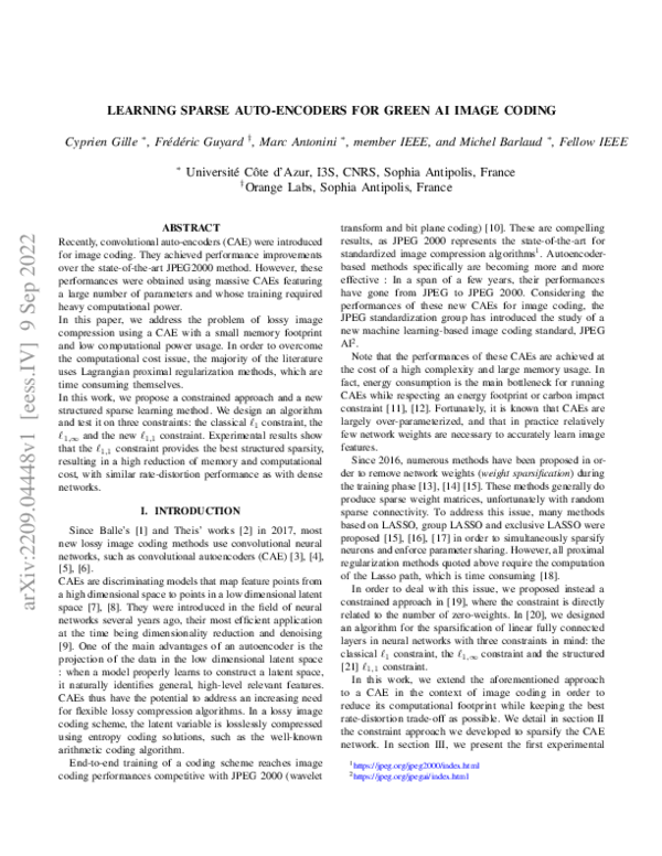(PDF) Learning sparse auto-encoders for green AI image coding | Frédéric Guyard - Academia.edu