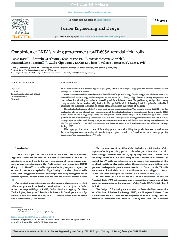 (PDF) Completion of ENEA’s casing procurement forJT-60SA toroidal field coils