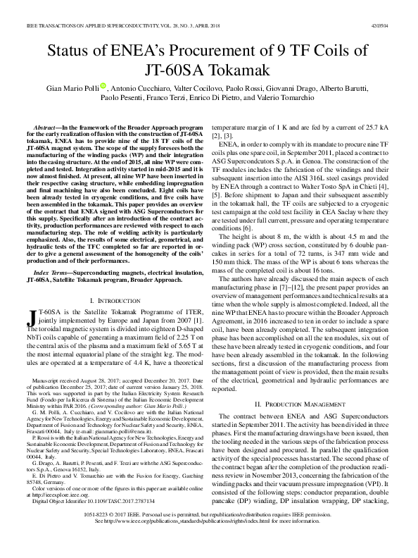 (PDF) Status of ENEA's Procurement of 9 TF Coils of JT-60SA Tokamak