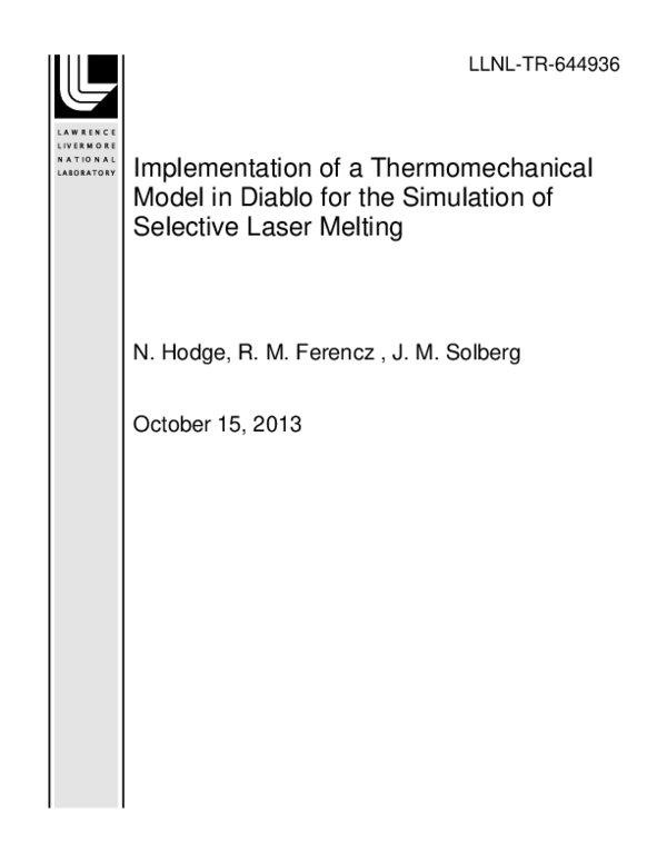 (PDF) Implementation of a Thermomechanical Model in Diablo for the Simulation of Selective Laser ...