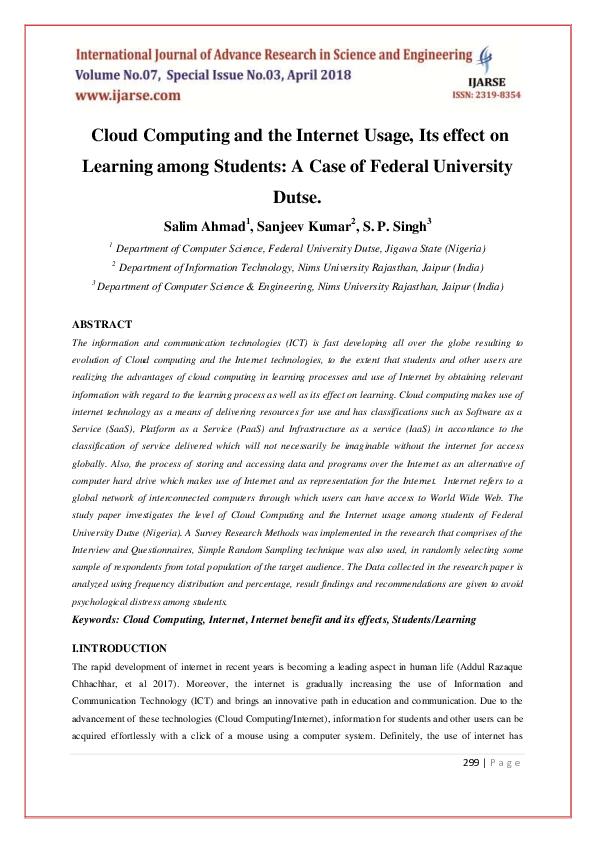 (PDF) Cloud Computing and the Internet Usage, Its effect on Learning among Students: A Case of ...