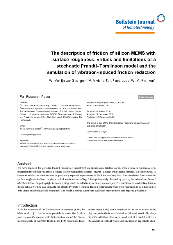 Pdf The Description Of Friction Of Silicon Mems With Surface Roughness Virtues And