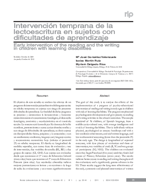 (PDF) Intervención temprana de la lectoescritura en sujetos con dificultades de aprendizaje