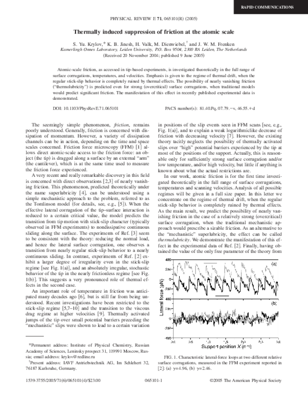 (PDF) Thermally induced suppression of friction at the atomic scale | Joost Frenken - Academia.edu