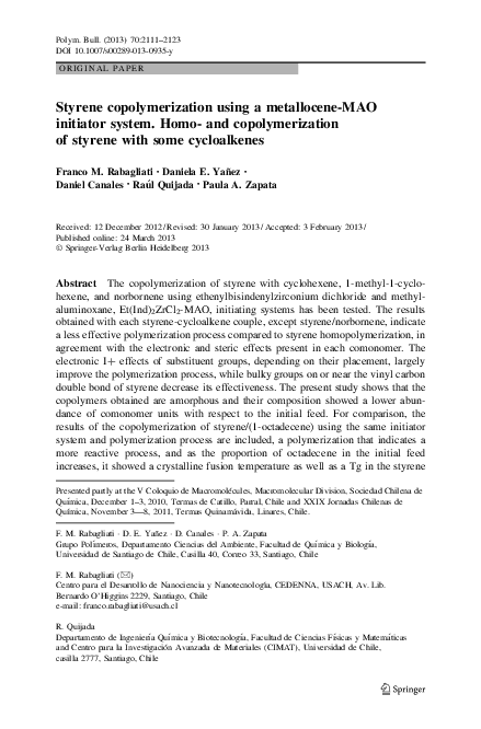 (PDF) Styrene copolymerization using a metallocene-MAO initiator system ...