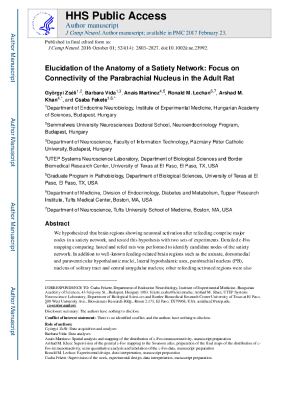 (PDF) Elucidation of the Anatomy of a Satiety Network: Focus on ...