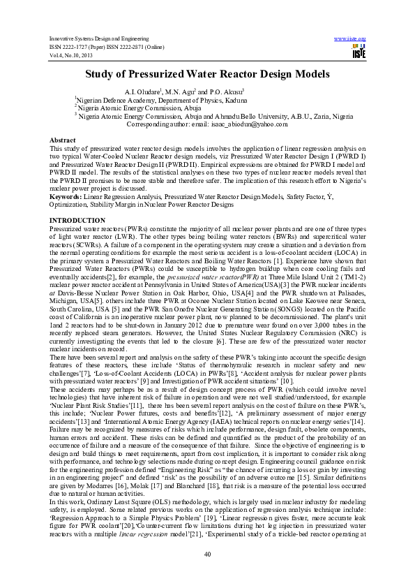 (PDF) Study of Pressurized Water Reactor Design Models | Agu M. N. and ...