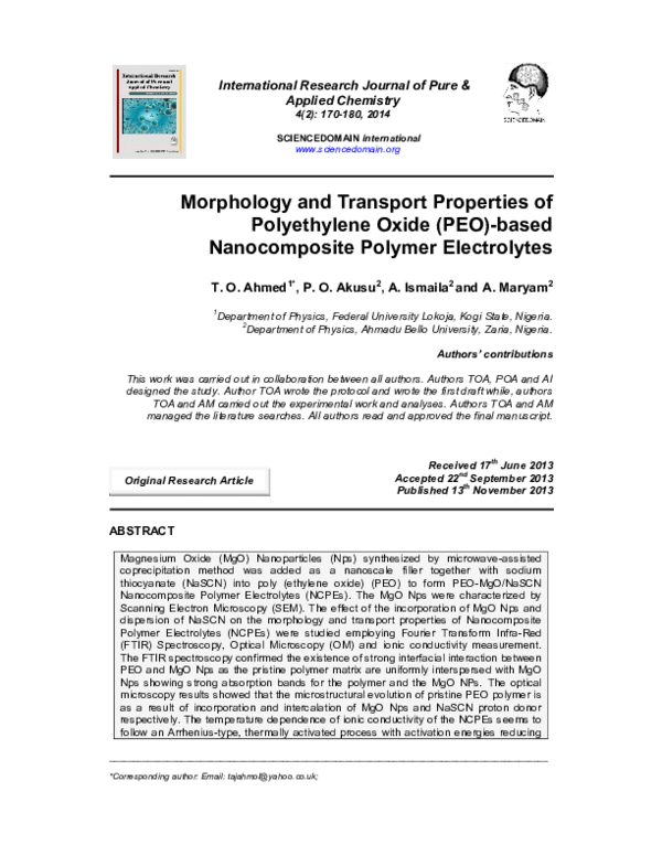 (PDF) Morphology and Transport Properties of Polyethylene Oxide (PEO ...
