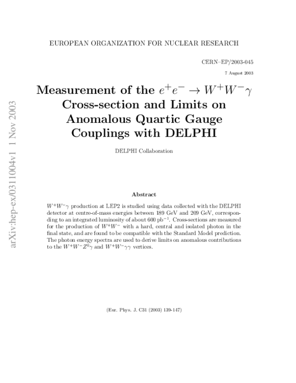 (PDF) Measurement of the $e^ + e^- \rightarrow W^ + W^-\gamma$ cross-section and limits on ...