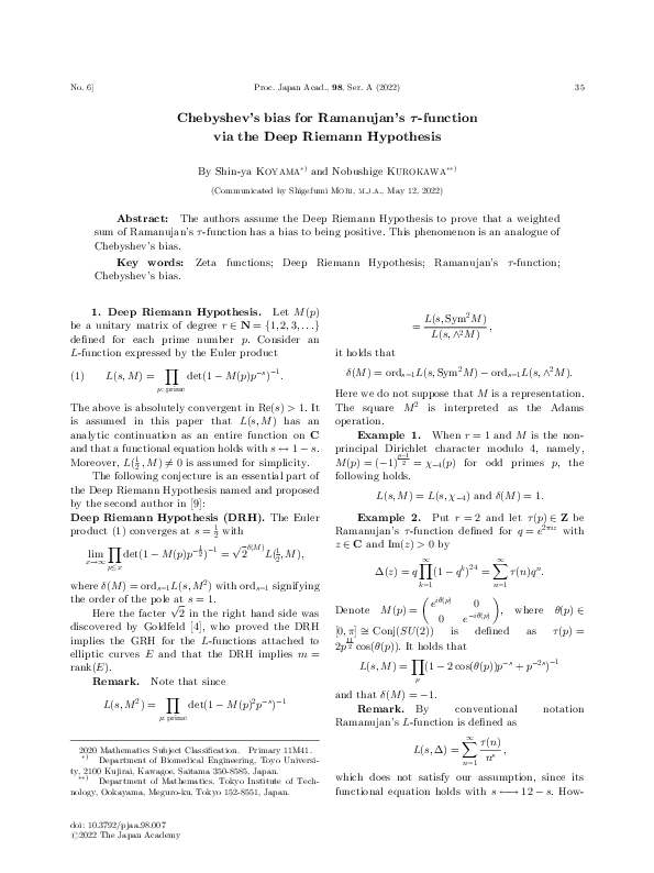 (PDF) Chebyshev’s bias for Ramanujan’s $\tau$-function via the Deep Riemann Hypothesis