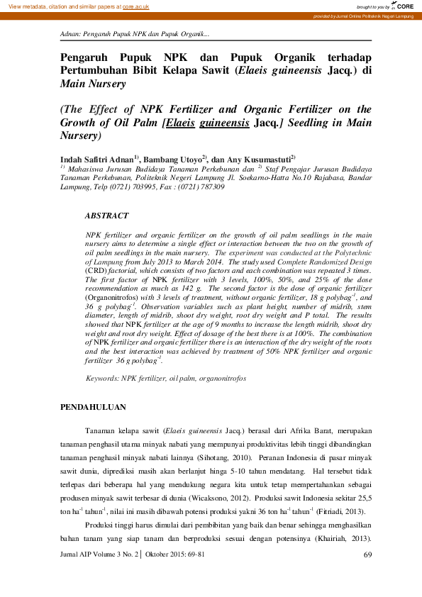 (PDF) Pengaruh Pupuk NPK dan Pupuk Organik terhadap Pertumbuhan Bibit Kelapa Sawit (Elaeis ...