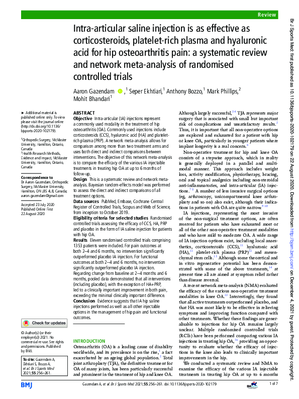 (PDF) Intra-articular saline injection is as effective as corticosteroids, platelet-rich plasma ...