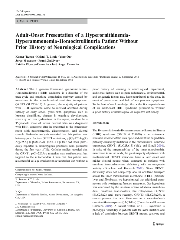 (PDF) Adult-onset presentation of a hyperornithinemia-hyperammonemia ...