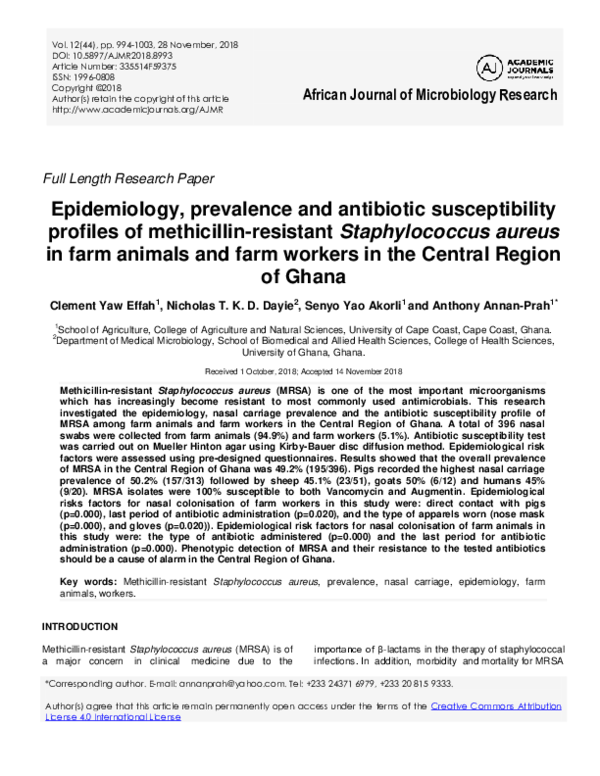 (PDF) Epidemiology, prevalence and antibiotic susceptibility profiles of methicillin-resistant ...