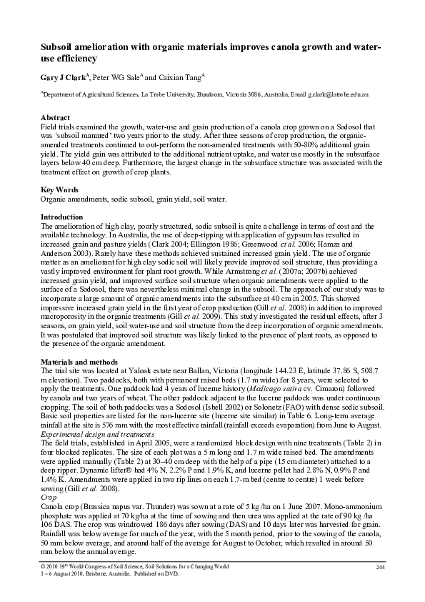 (PDF) Subsoil amelioration with organic materials improves canola ...